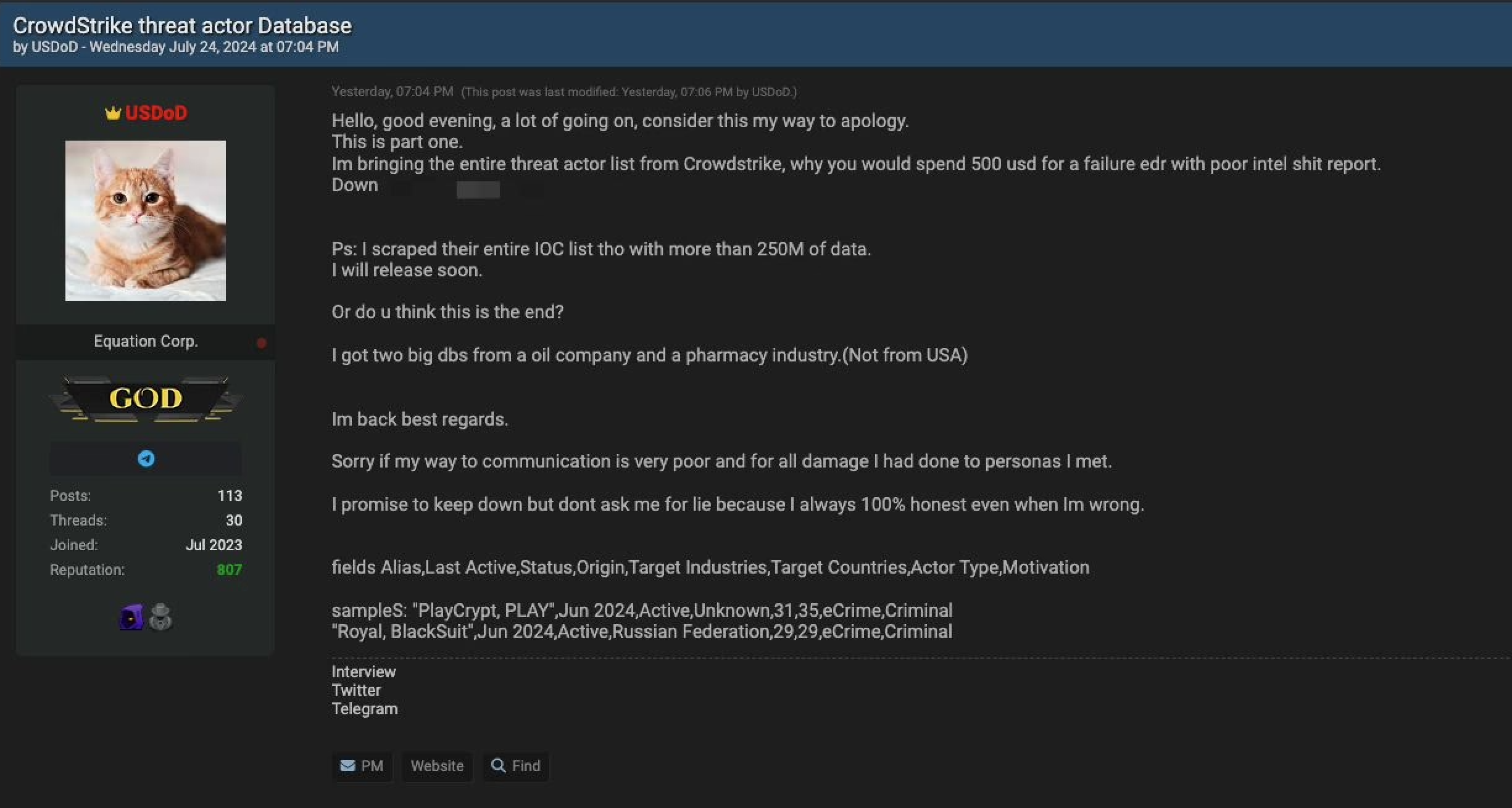 Hacker USDoD Claims to Have Leaked CrowdStrike's Threat Actor List ...